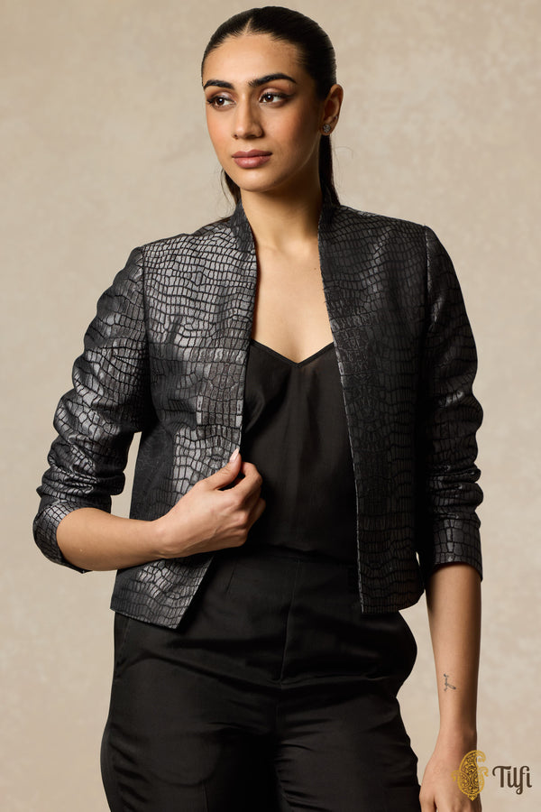 Black Pure Satin Silk Handwoven Crocodile Pattern Jacket - Tilfi