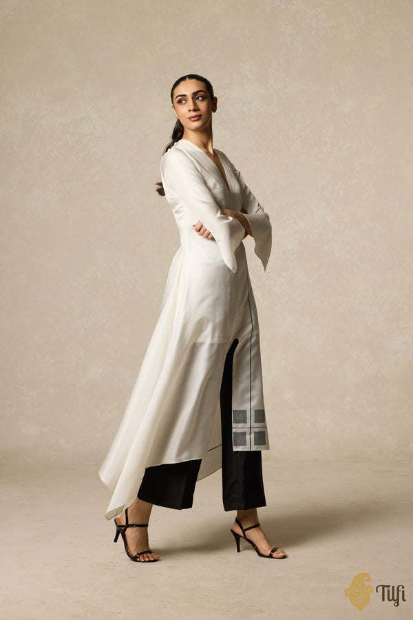 White Handwoven Pure Silk Twill Asymmetrical Kurta Set - Tilfi