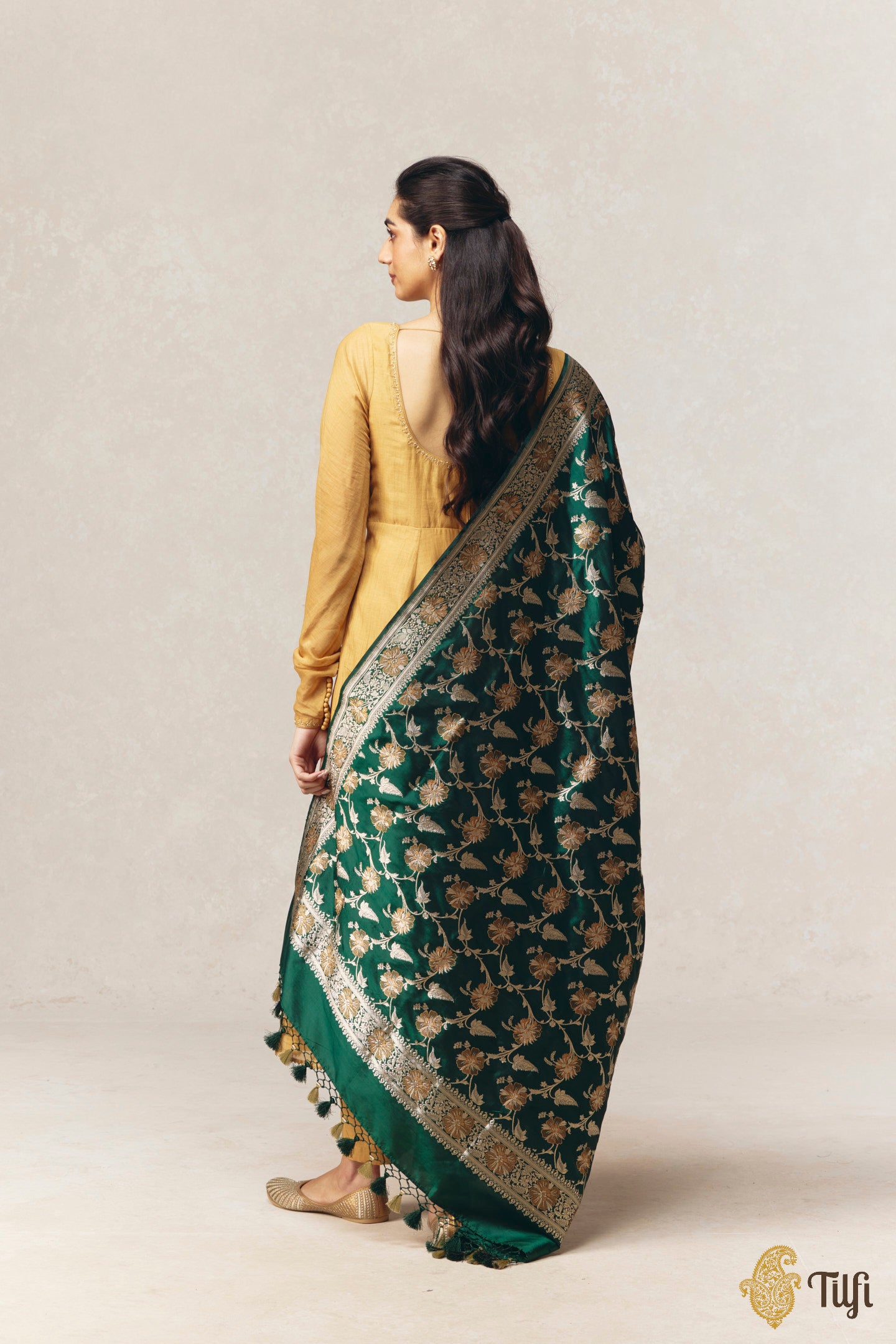 Bottle Green Pure Katan Silk Banarasi Kadwa Handloom Dupatta - Tilfi