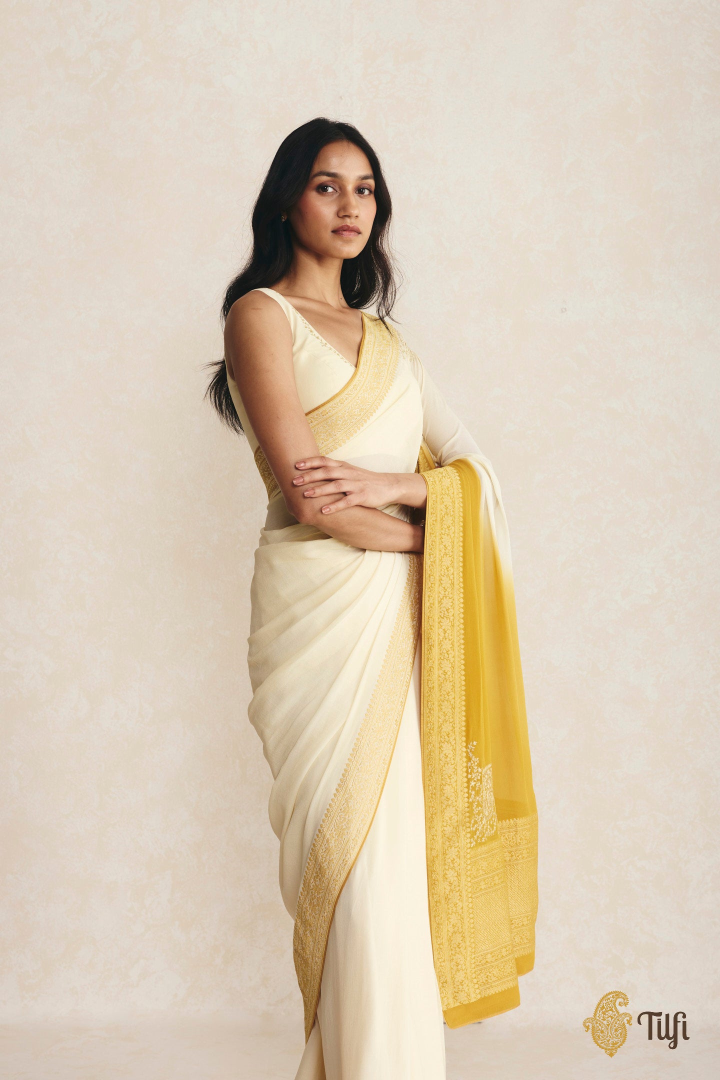 Pre-Order: Off White-Mustard Ombré Pure Handwoven Georgette Hand-Embro ...