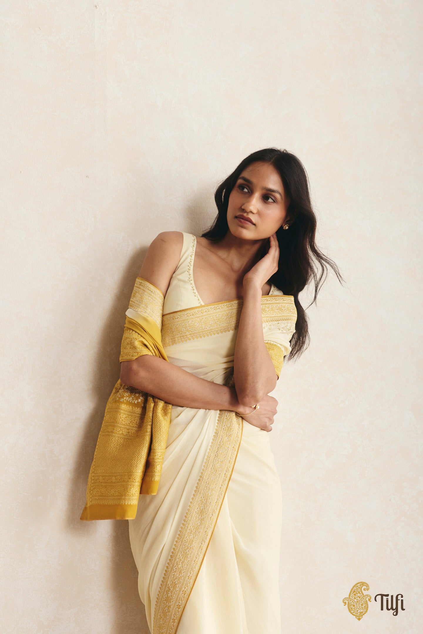 Pre-Order: Off White-Mustard Ombré Pure Handwoven Georgette Hand-Embro ...