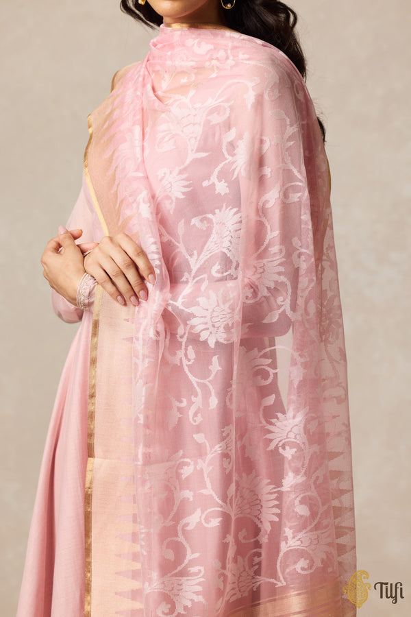 Light Pink Pure Kora Net Banarasi Handloom Dupatta - Tilfi