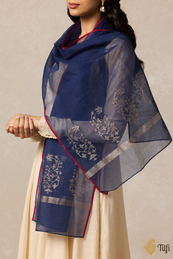 Navy Blue Pure Cotton Jamdani Real Zari Banarasi Handloom Stole - Tilfi
