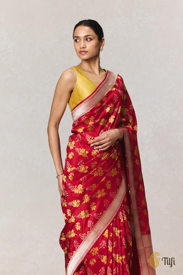 Pre-Order: 'Amaltas' Red Pure Katan Silk Banarasi Handloom Saree - Tilfi