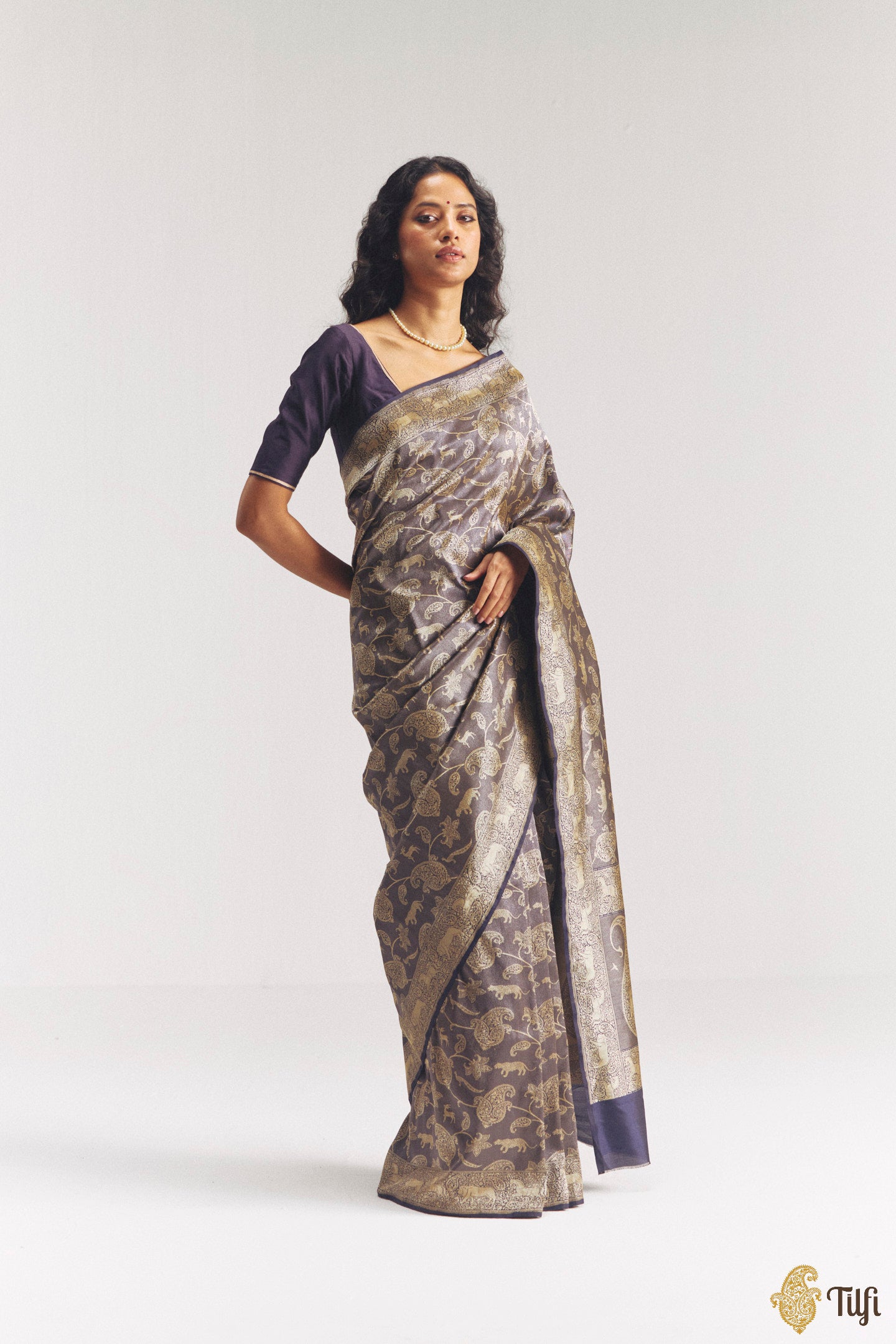 'Aranyika' Navy Blue Pure Katan Silk Banarasi Handloom Shikargah Saree ...