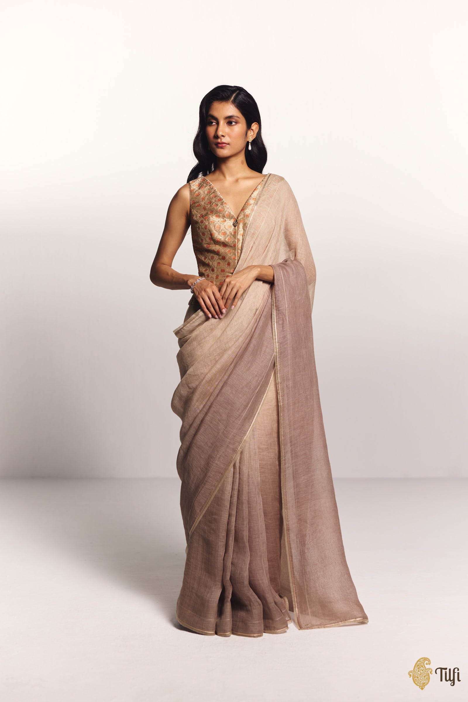 'Sutra' Beige-Taupe Pure Linen Banarasi Handloom Tilfi Essentials Sare