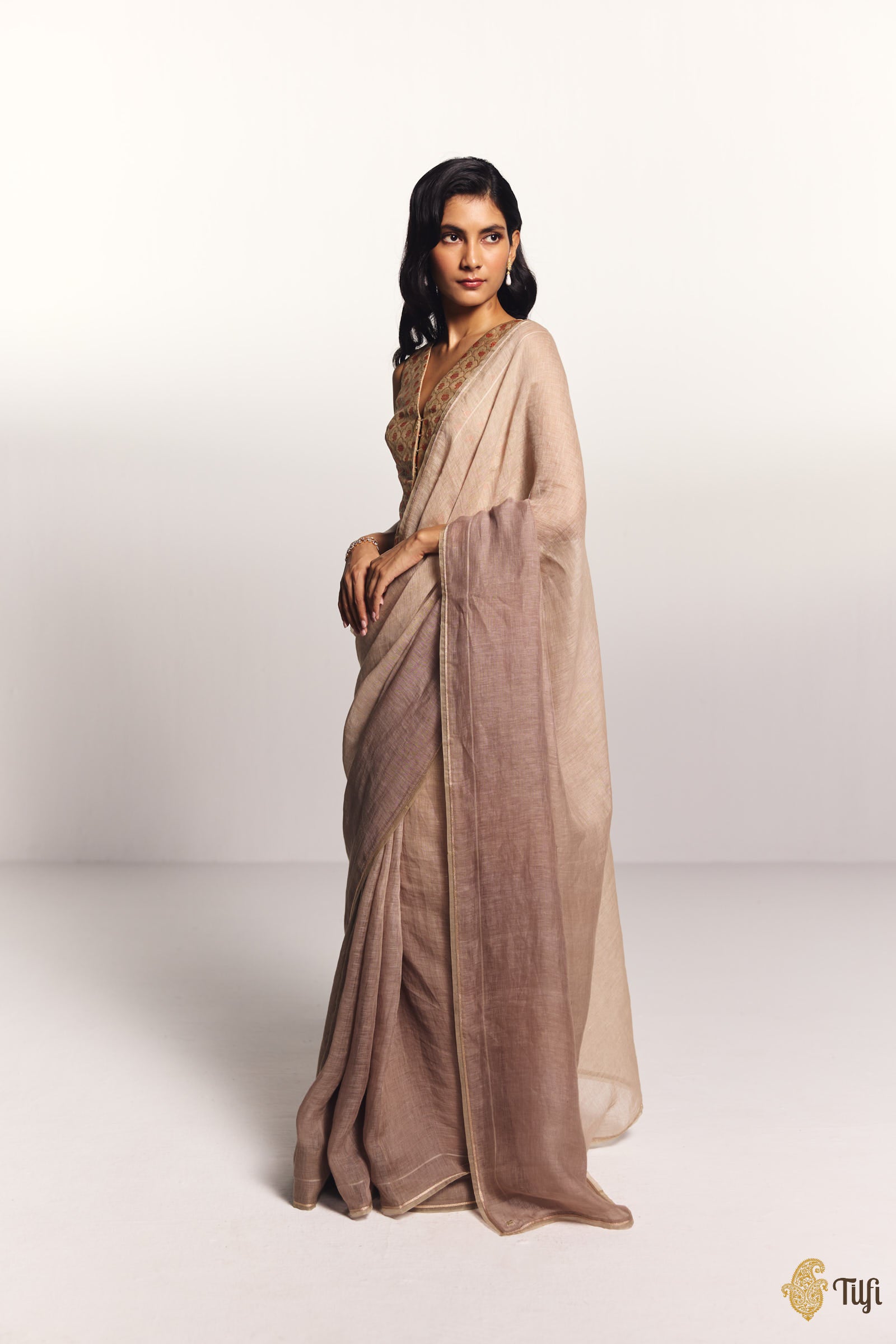 'Sutra' Beige-Taupe Pure Linen Banarasi Handloom Tilfi Essentials Sare
