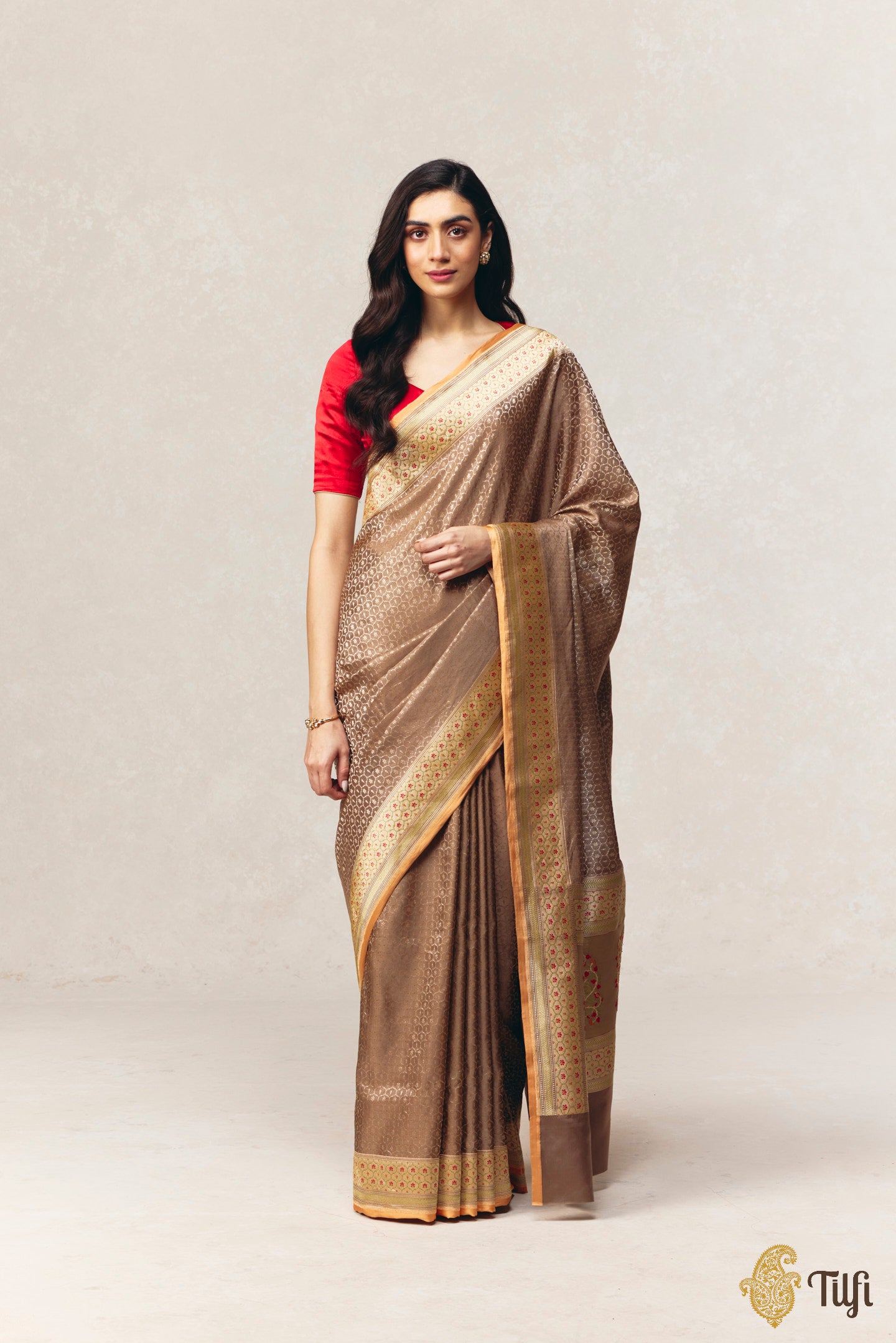Pre-Order: 'Anar Lata' Dark Brown Pure Satin Silk Tissue Banarasi Hand ...