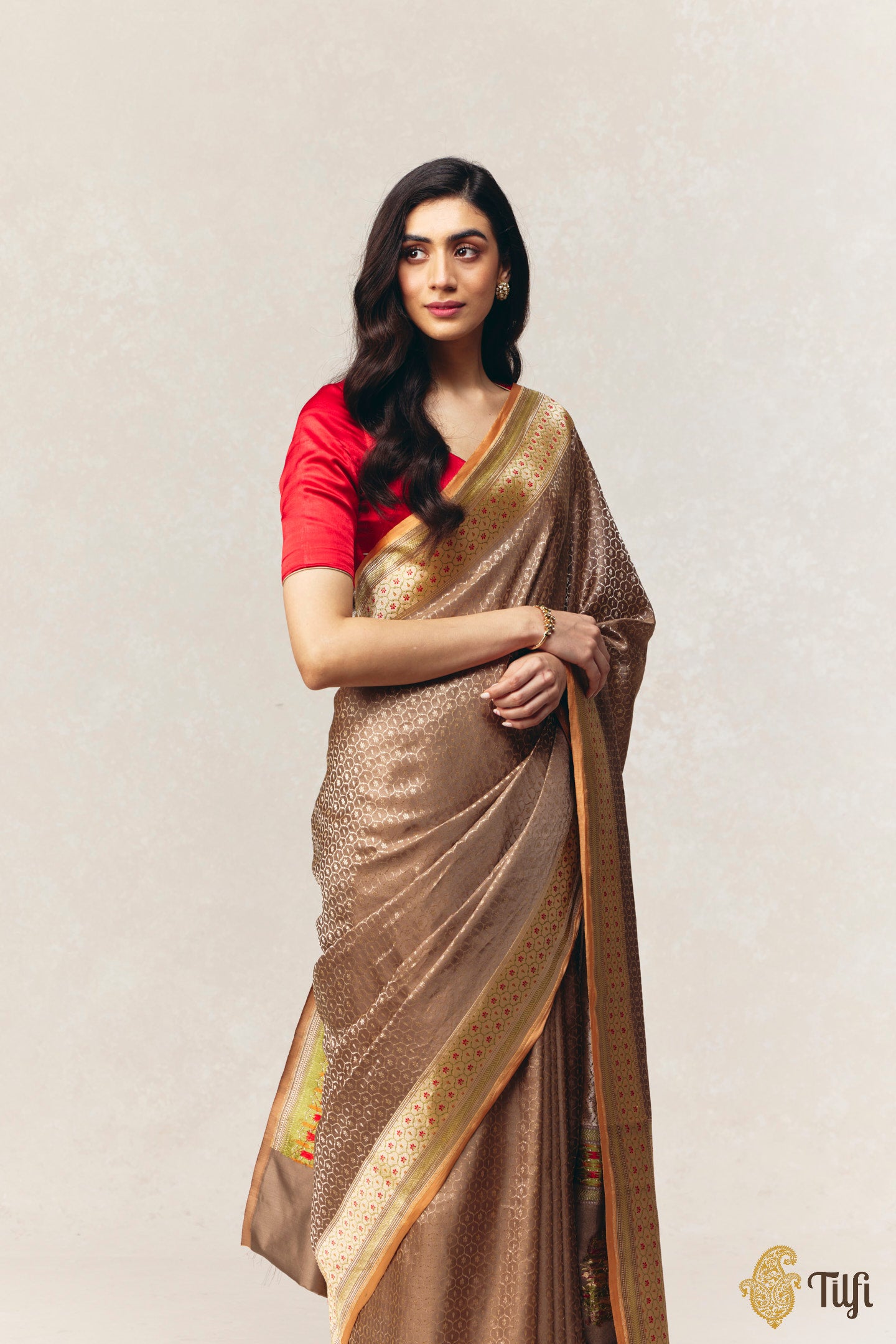 Pre-Order: 'Anar Lata' Dark Brown Pure Satin Silk Tissue Banarasi Hand ...