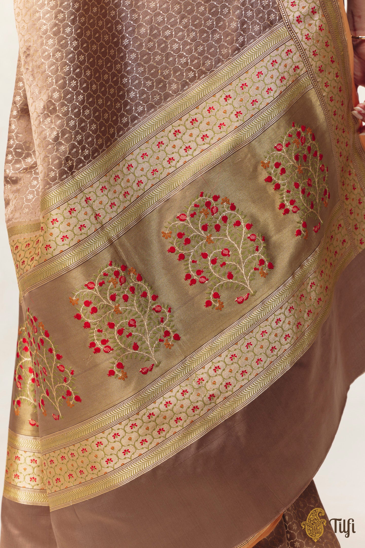 Pre-Order: 'Anar Lata' Dark Brown Pure Satin Silk Tissue Banarasi Hand ...