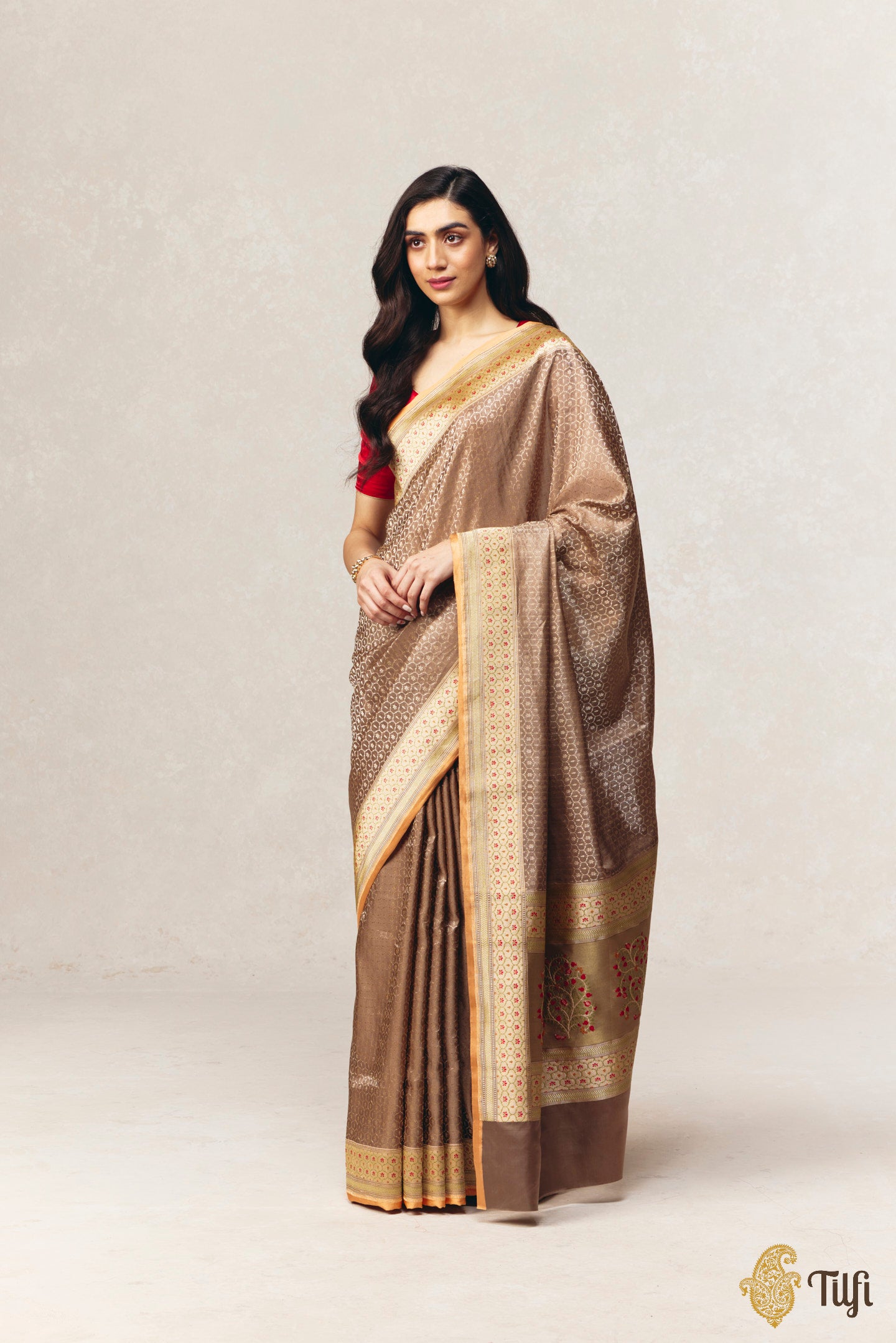 Pre-Order: 'Anar Lata' Dark Brown Pure Satin Silk Tissue Banarasi Hand ...