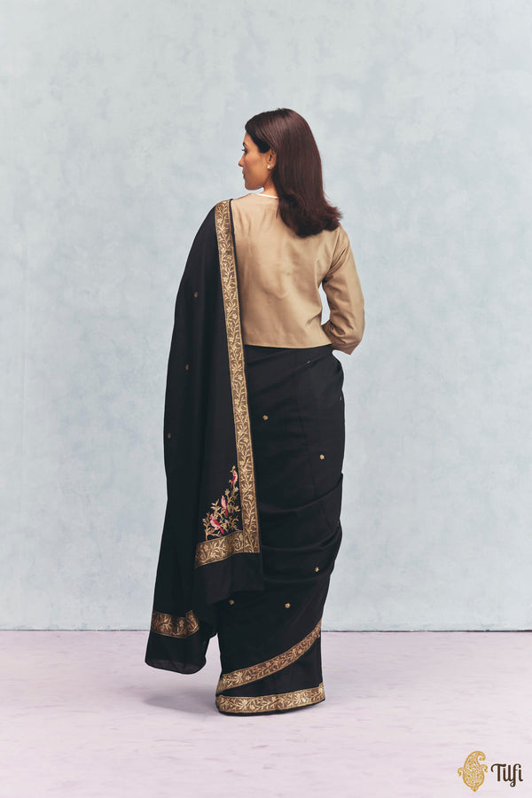 'Willow' Black Silk-Pashmina Wool Banarasi Handloom Saree - Tilfi