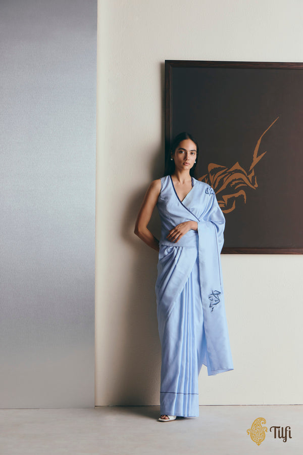 'Natalia' Sky Blue Pure Silk Twill Banarasi Handloom Saree - Tilfi