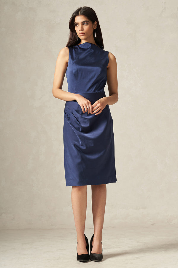 Dark Blue Pure Satin Silk Dress with Drape Detailing - Tilfi