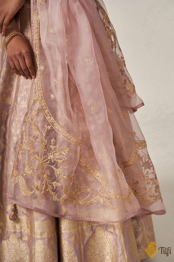 'Indira' Lavender Pure Katan Silk Banarasi Handloom Lehenga Set - Tilfi