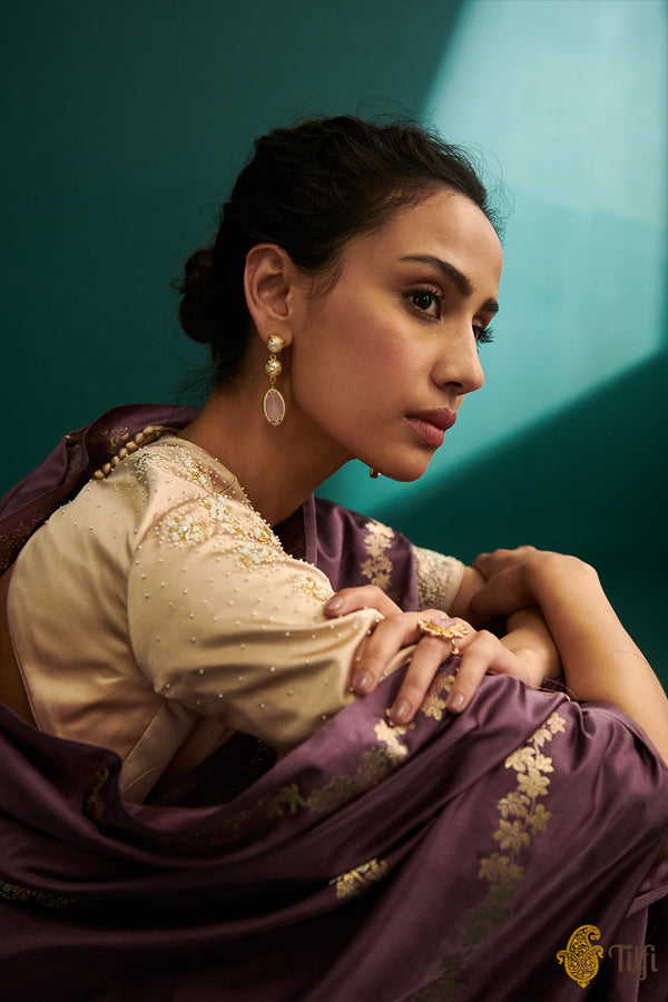 Mauve Pure Satin Silk Banarasi Handloom Saree - Tilfi